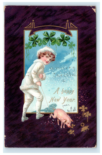 1908 A Happy New Year Child With Pig Snow Scene Raphael Tuck New Year ...
