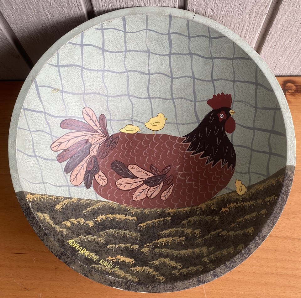 Warren Kimble Chicken Rooster Wood Painted Bowl 12" Home Decor Display ...
