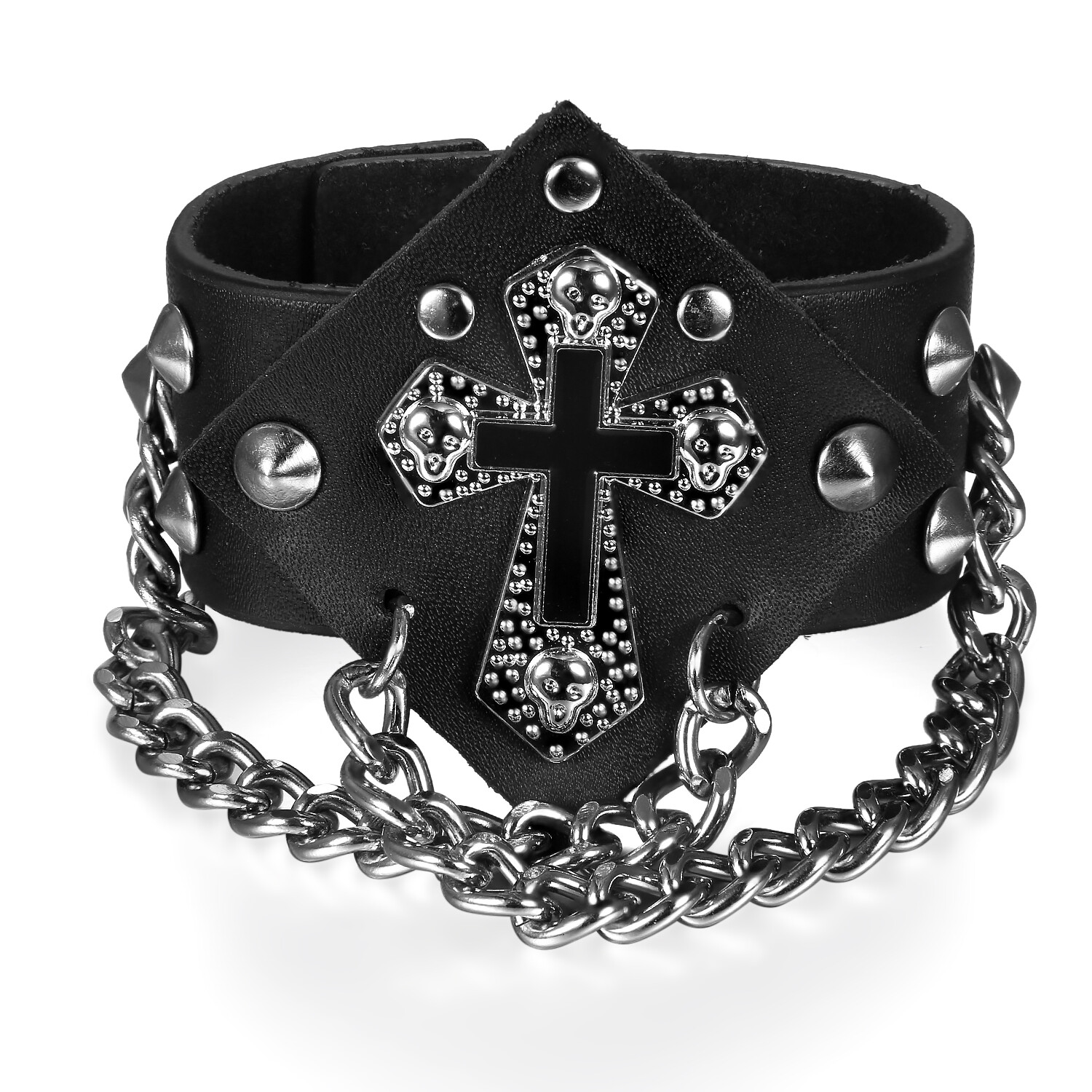 Punk Rock Mens Black Wide Leather Cuff Skull Lion Bullet Studded Chain ...