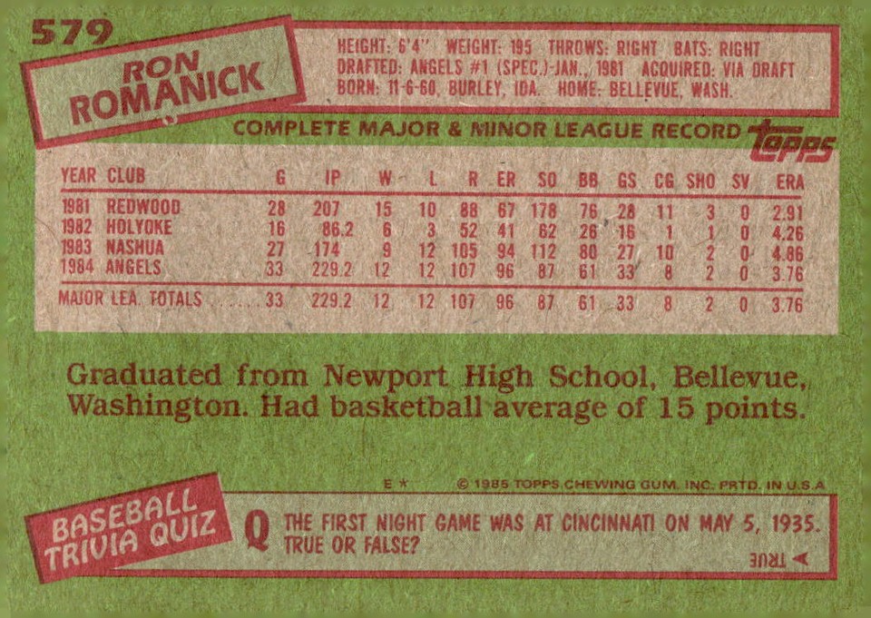 1985 Topps #579 Ron Romanick - California Angels | eBay