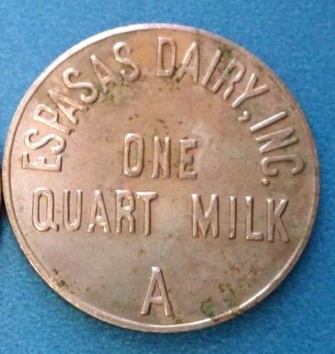 ESPASAS DAIRY tipo3 CUARTILLO 1 Quart milk token ficha Leche BAYAMON ...