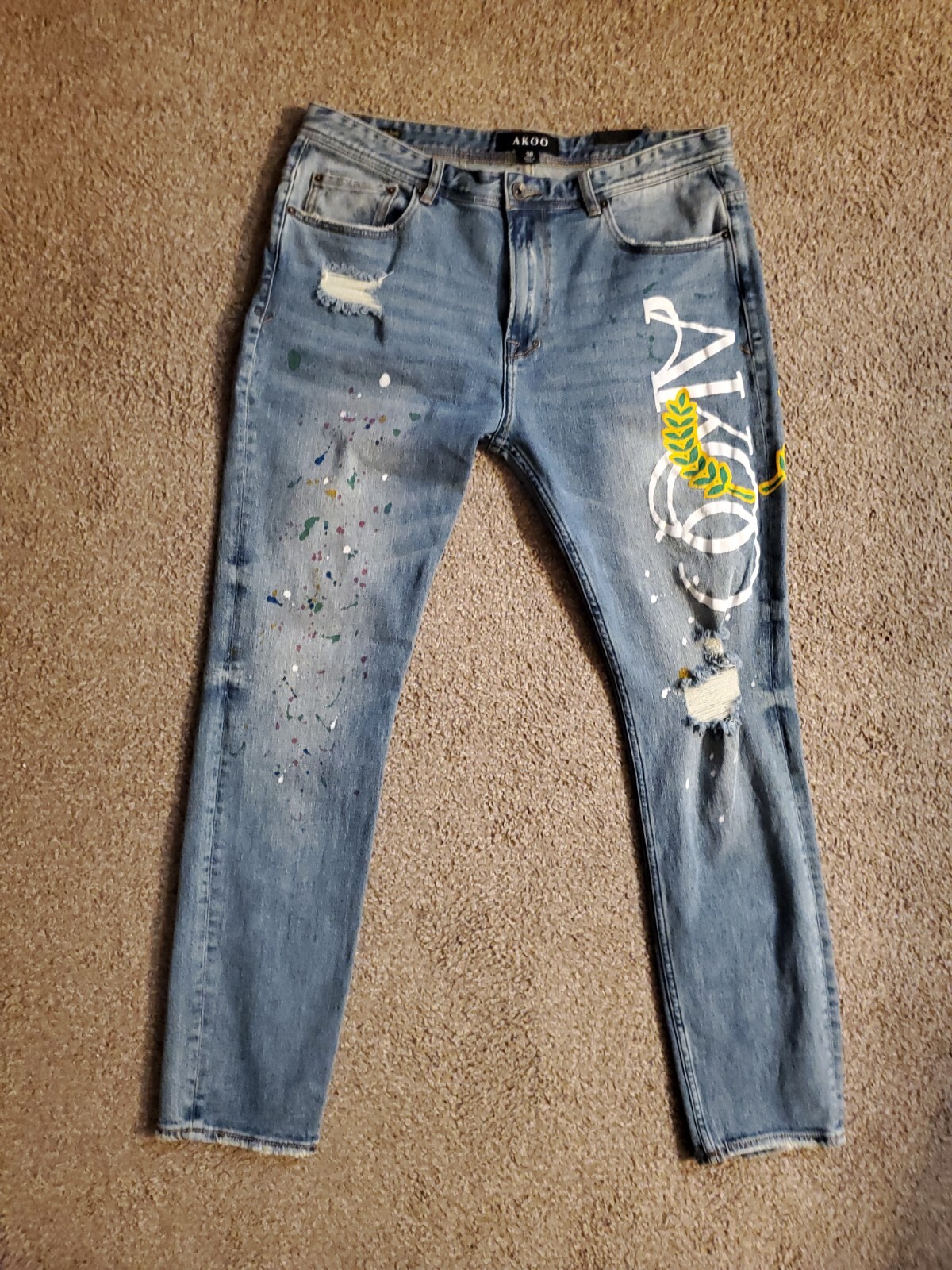 New Akoo Empire Jeans Distressed Acid Wash Mens Size 36 X 33 Urban ...