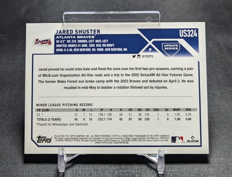 Jared Shuster Rookie RC 2023 Topps Update Card #US324 Atlanta Braves | eBay