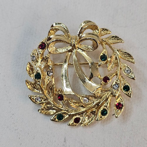 Eisenberg Ice Christmas Wreath Brooch Leaves Bow Green Red Clear ...