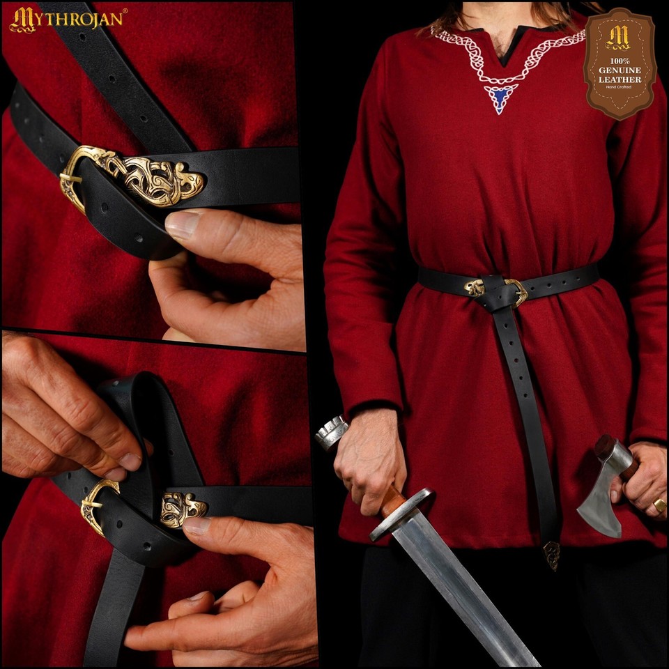 Medieval Black Leather Medieval Renaissance LARP Viking Belt with Brass ...