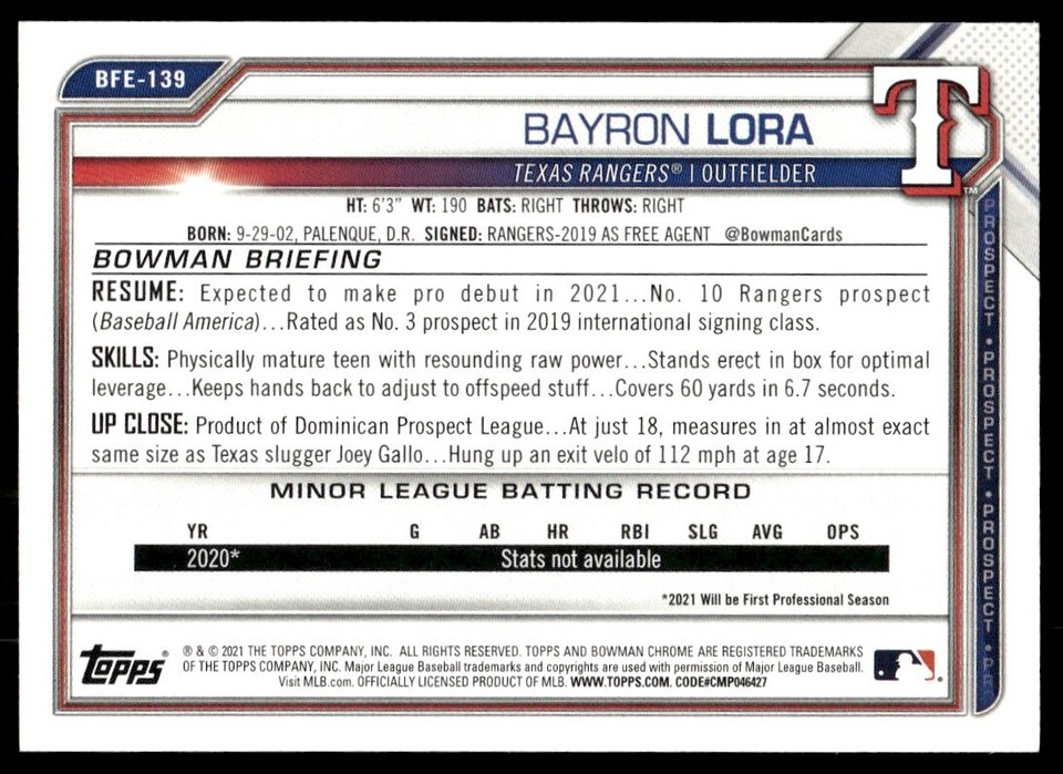 2021 Bowman 1st Edition Sky Blue Foil Bayron Lora G42 Texas Rangers # ...
