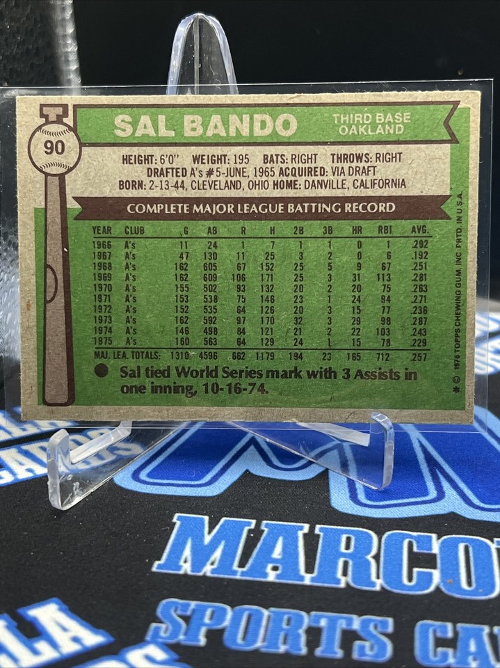 1976 Topps Baseball Sal Bando Card #90 Oakland Athletics EX+ (A) | eBay