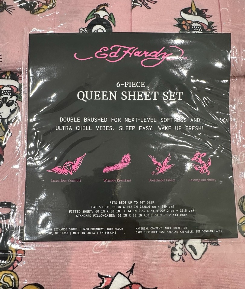 Ed Hardy 6-Piece QUEEN Bedding Sheet Set Pink Graphic Print Y2K Tiger ...