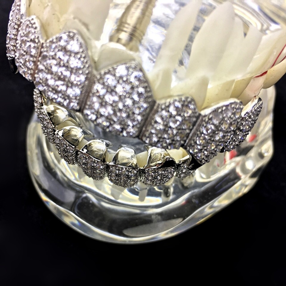 CZ Grillz Set Vampire Fangs Silver Tone 8 Top Eight Bottom Teeth Bling ...