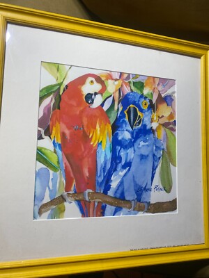 Stephanie Pollack "Two Parrots On Branch" Watercolor Painting - Signed ...