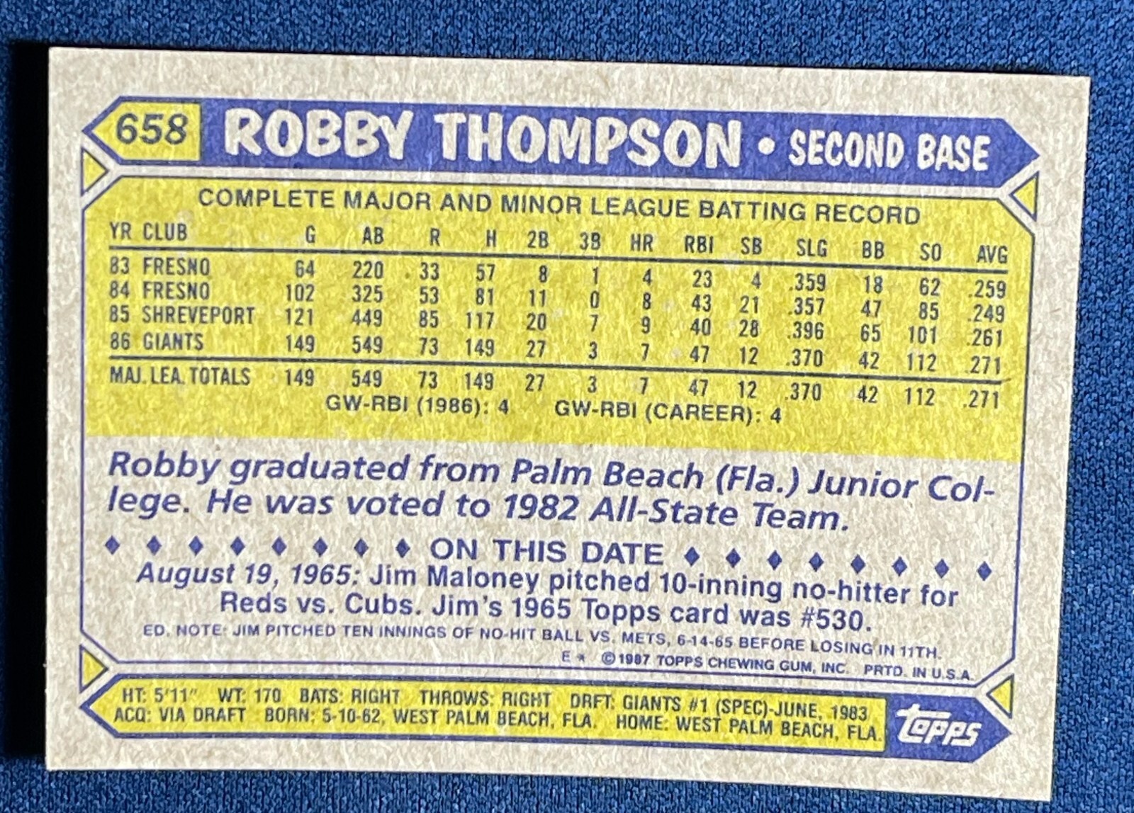 1987 TOPPS #658 ROBBY THOMPSON (SAN FRANCISCO GIANTS) BASEBALL CARD | eBay