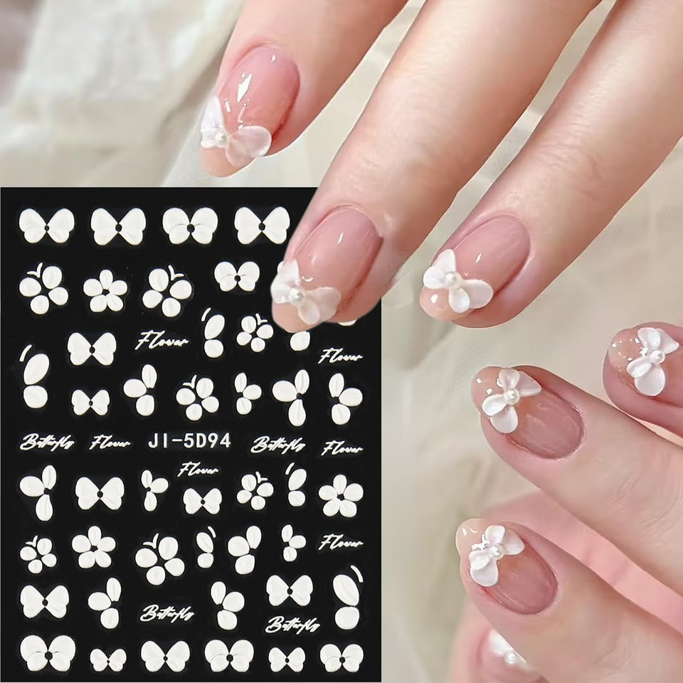 5D Embossed White Flowers Nail Stickers, 5 Sheets Self-Adhesive Floral ...