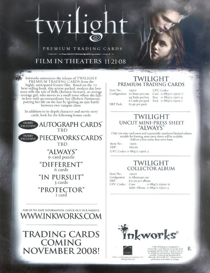 TWILIGHT THE MOVIE 2008 INKWORKS PROMO PROMOTIONAL SALE SELL SHEET | eBay