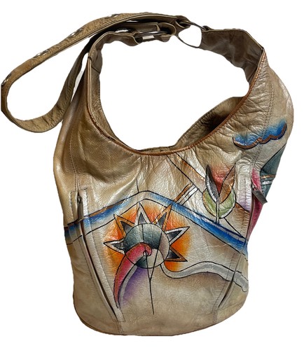 Vtg 80s Hand Painted Abstract Bucket Shoulder Bag Genuine Leather Beige ...