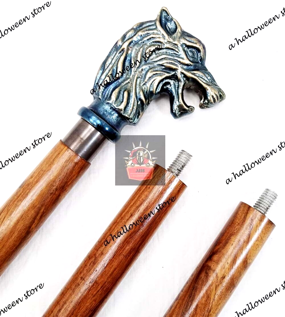 Handmade Brass Antique Wolf Head Handle with 3 Fold Brown Wooden ...