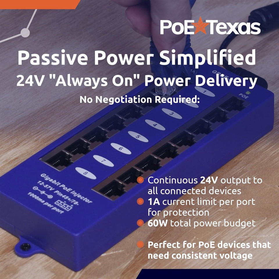 PoE Texas 8 Port Gigabit Passive PoE Injector with 24V 60W Power Supply ...