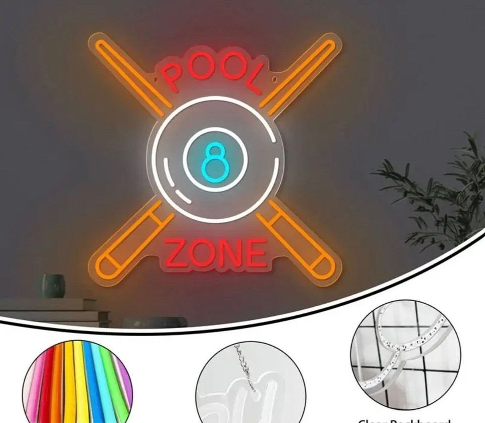 2D Flat, LED Neon Pool Zone Sign - USB-Powered Wall Art with Vibrant ...