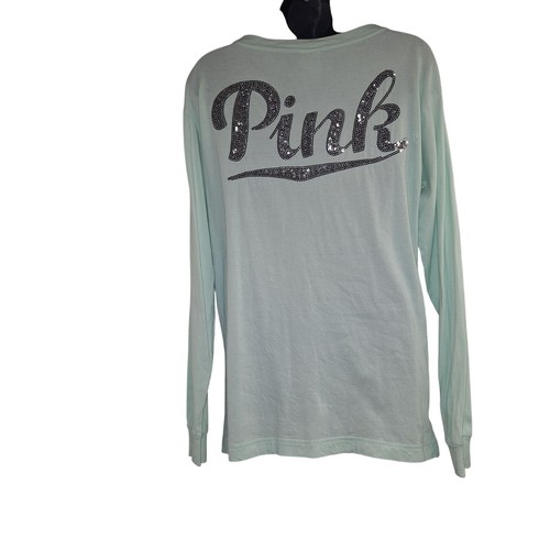 Victorias Secret Pink XS Mint Long Sleeve V-Neck Shirt Sequined Logo ...