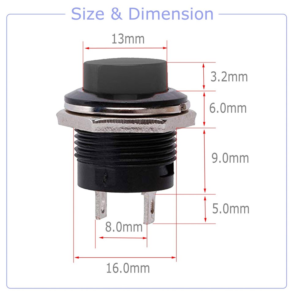 5 PCS Black Normally Open 16mm Round Momentary 2 Pins Metal Push Button ...