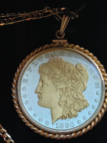 1880 Gilded Morgan Silver Dollar Pendant & 24" 18kgf Gild chain W COA ...