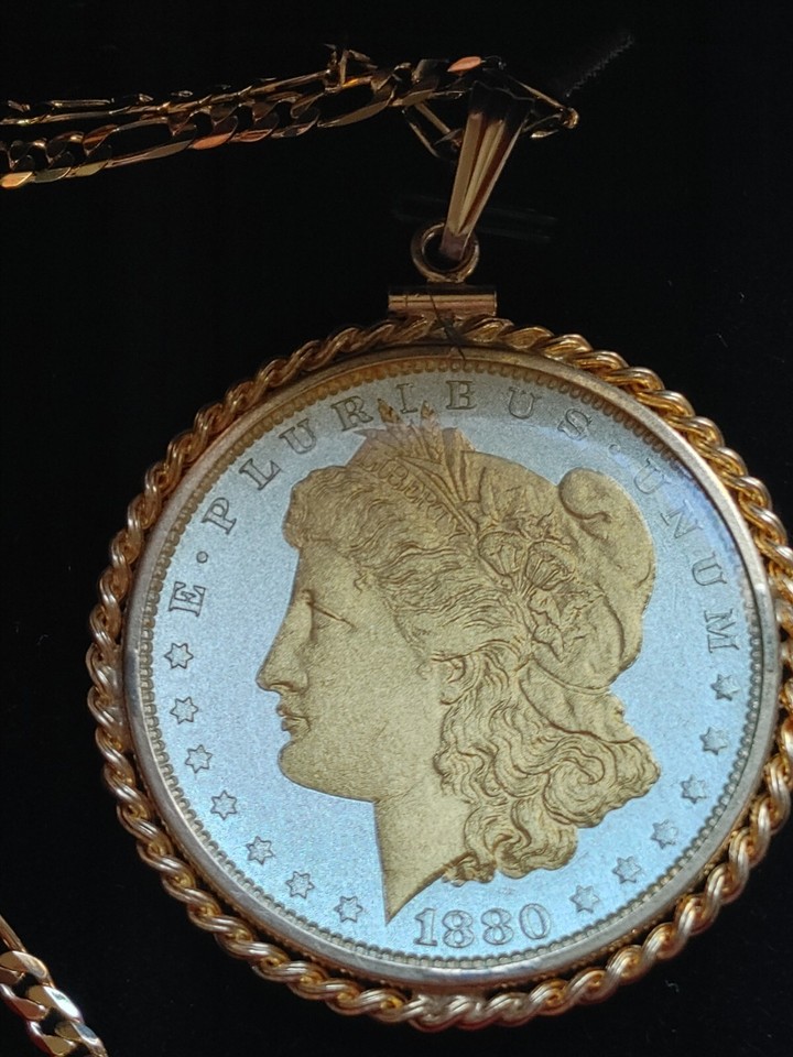 1880 Gilded Morgan Silver Dollar Pendant & 24" 18kgf Gild chain W COA ...