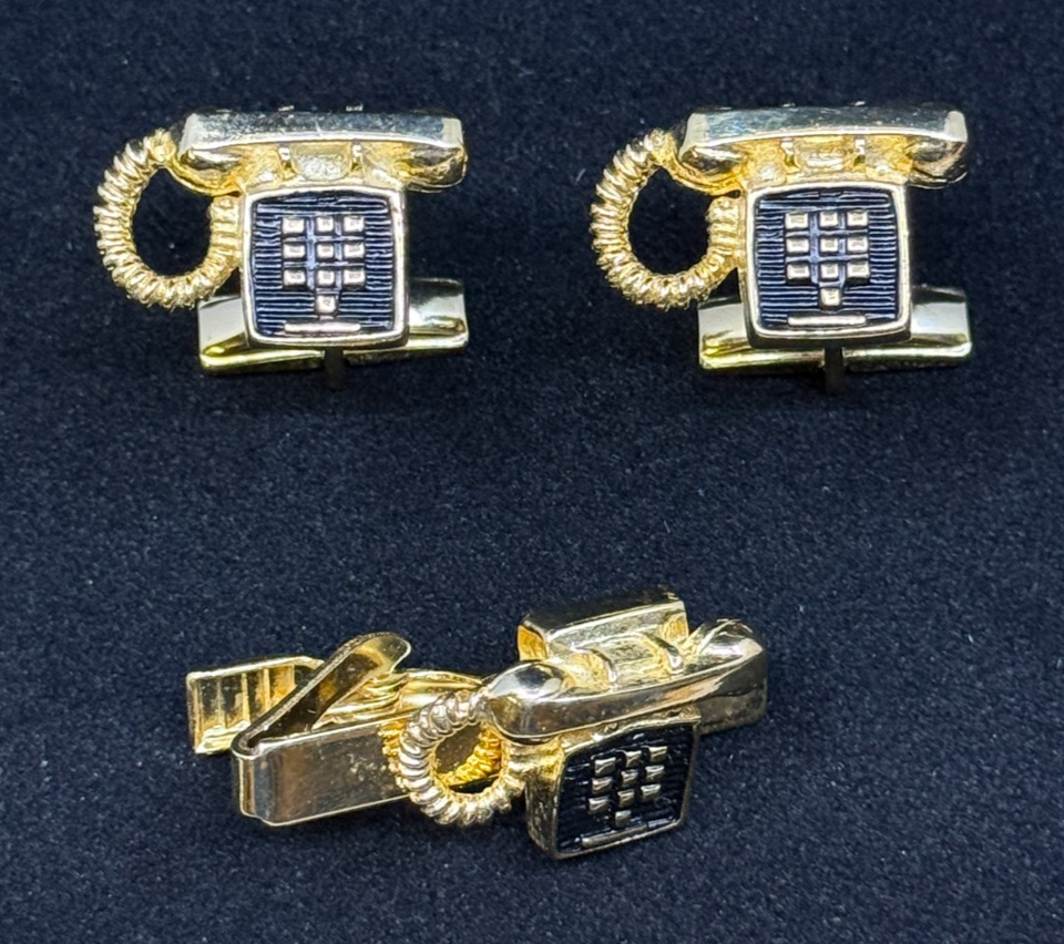 Vintage 1960s Telephone Cufflink and Tie Clip Bar Set Gold Tone & Black ...