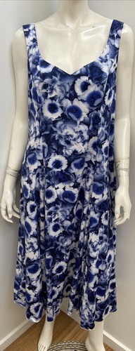 LISA BARRON [sz 16 14] stunning blue floral stretch cotton fit & flare ...