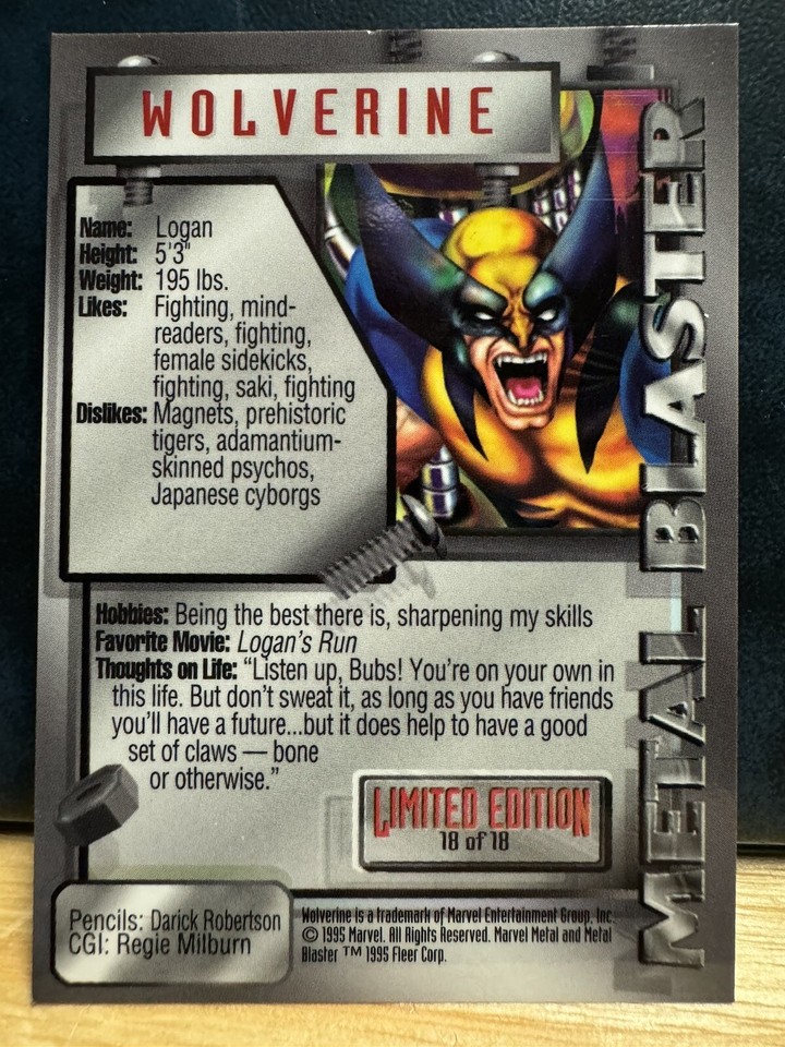 1995 Fleer Marvel Metal Blaster Wolverine #18 of 18 Limited Edition | eBay
