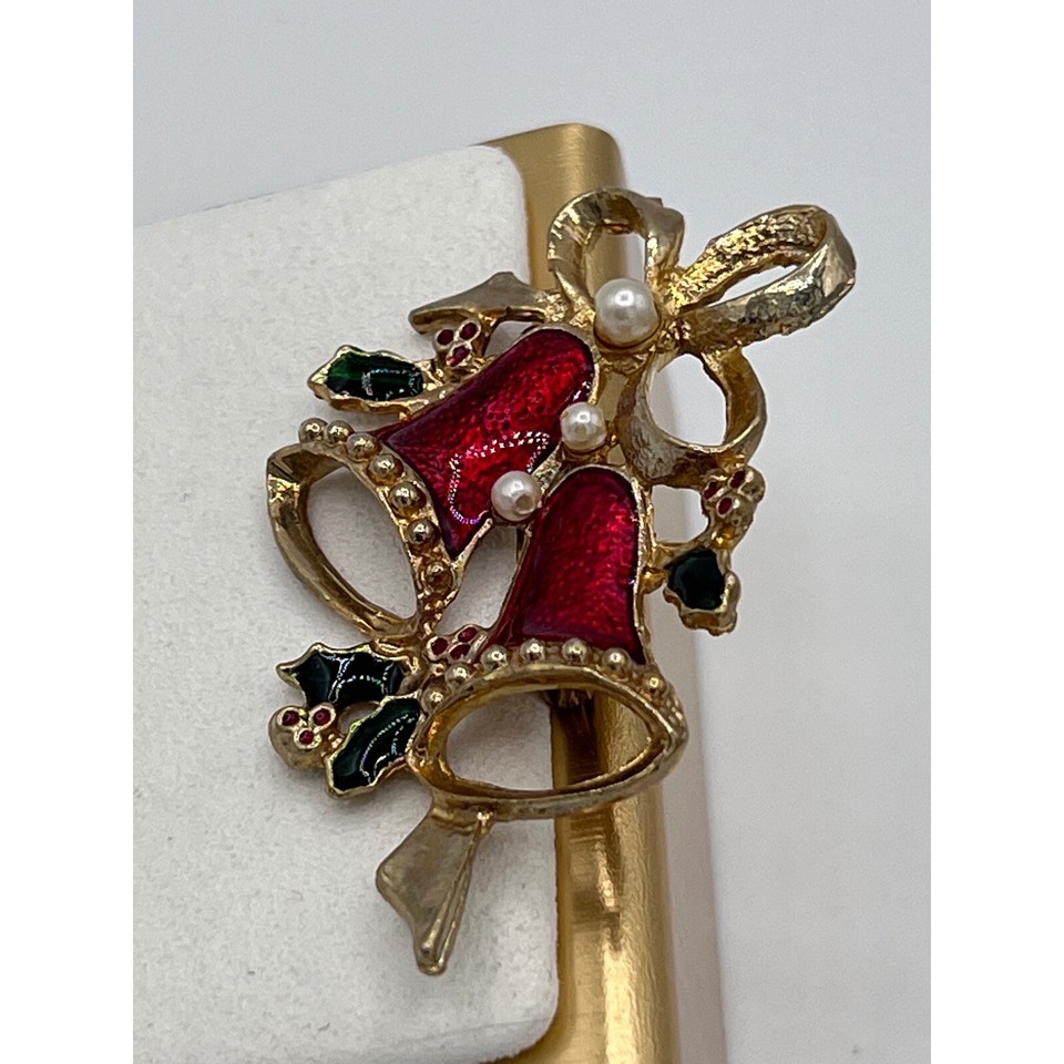 Vintage Christmas Bell Brooch Pin Holiday Jewelry Red Enamel Gold Tone ...