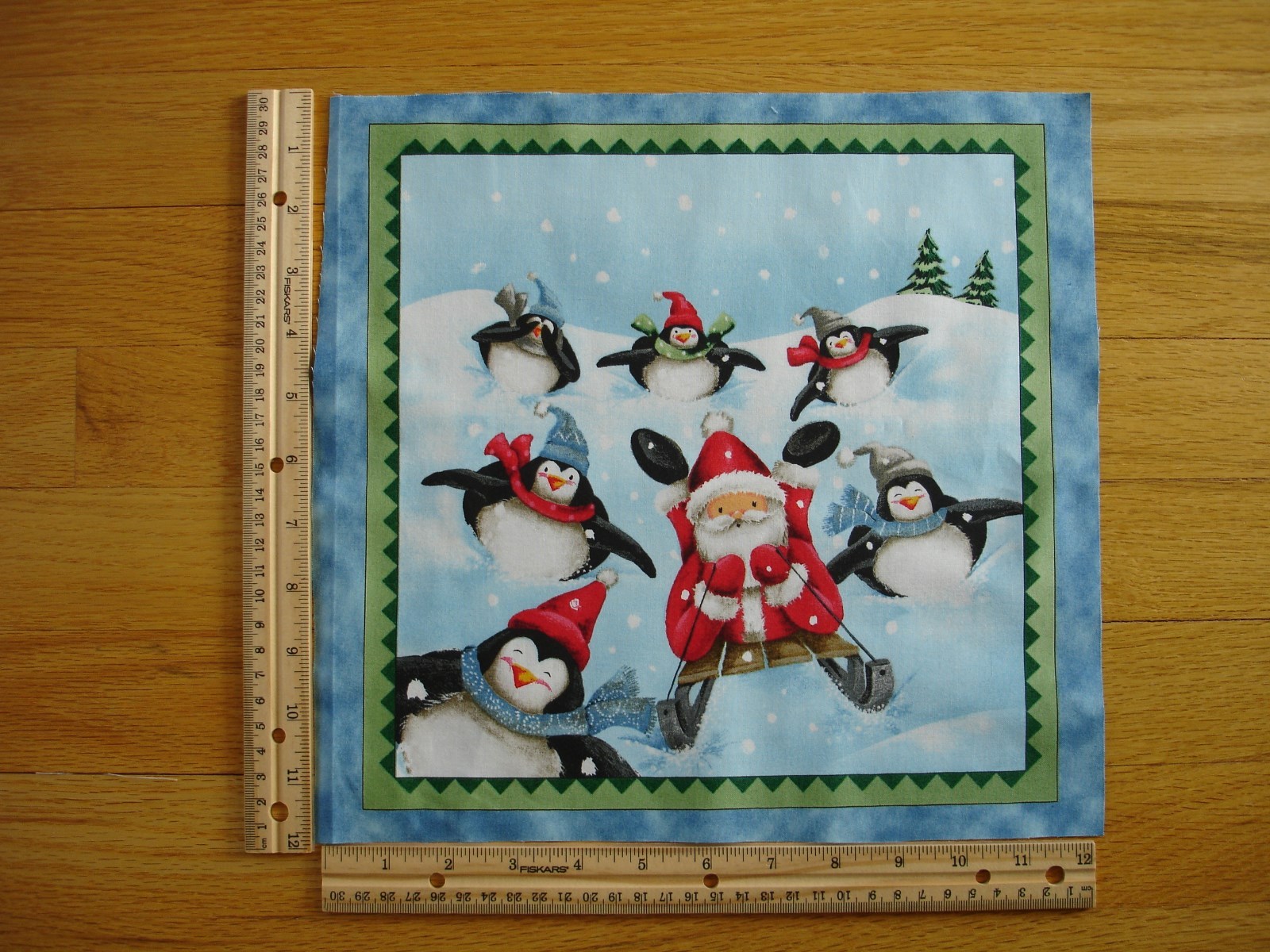 Christmas Santa Penguins Sledding Cotton Quilt Fabric Block 10 3/4" x ...