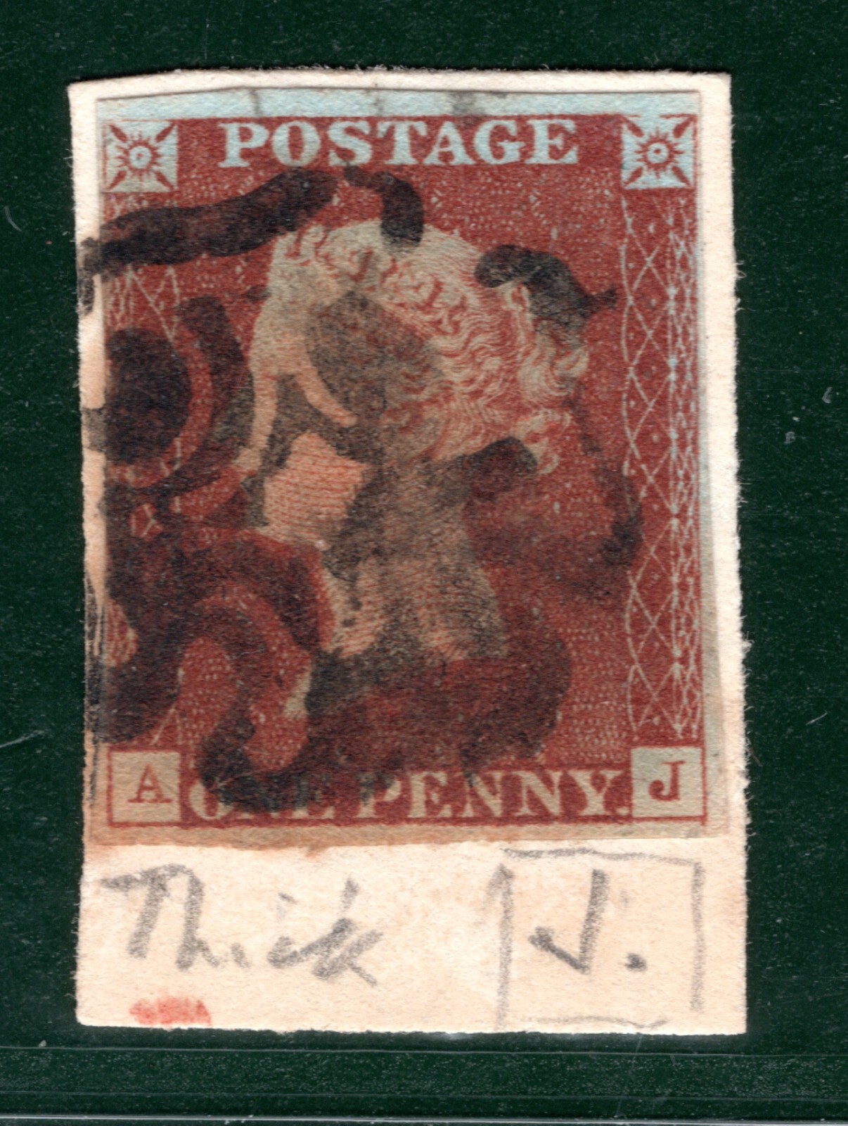 GB QV 1841 PENNY RED Imperf SG.8 1d Plate 12 (AJ) *STATE 2* Piece c£275 ...