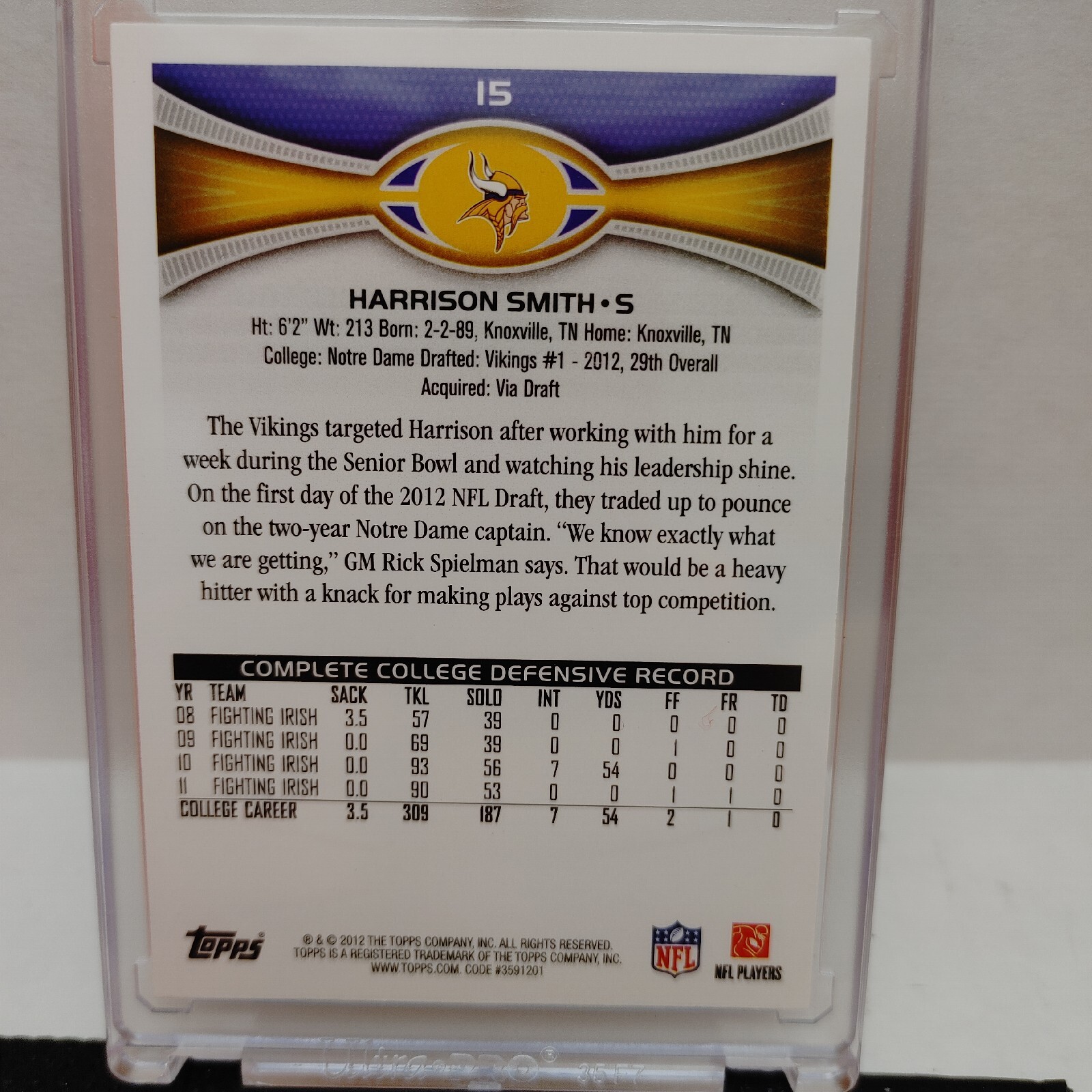 2012 Topps Football Harrison Smith Rookie Card Minnesota Vikings #15 RC ...