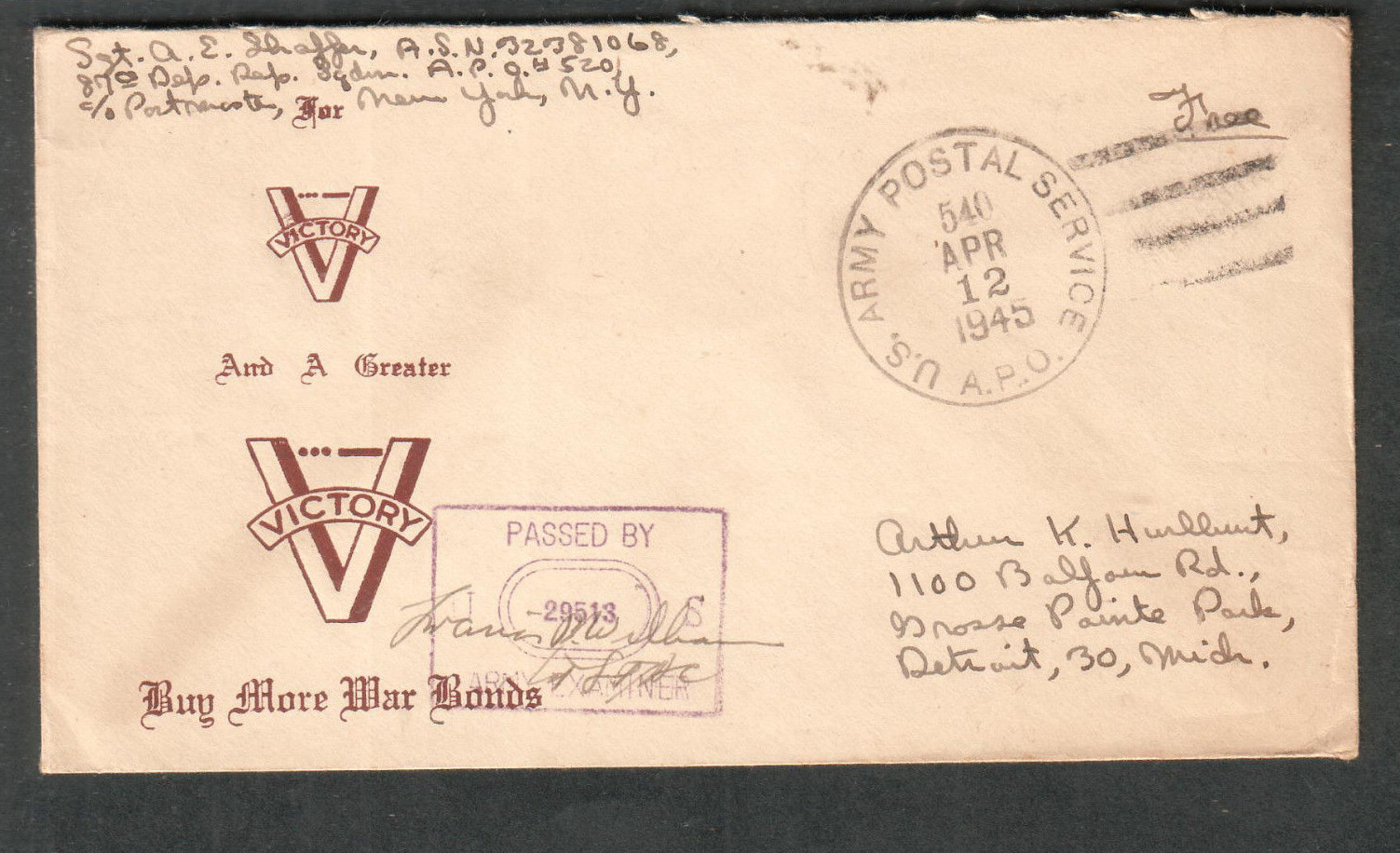 WWII Victory Bonds censor cover Sgt Albert Shaffer APO 520 Cerignola ...