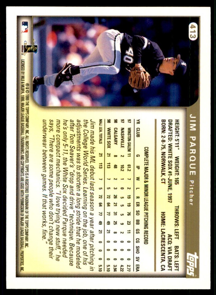 1999 Topps Baseball Card Jim Parque Chicago White Sox #413 | eBay