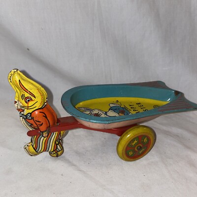 Vintage 50s Wyandotte Toys Tin Happy Easter Bunny Pulling Streamline ...