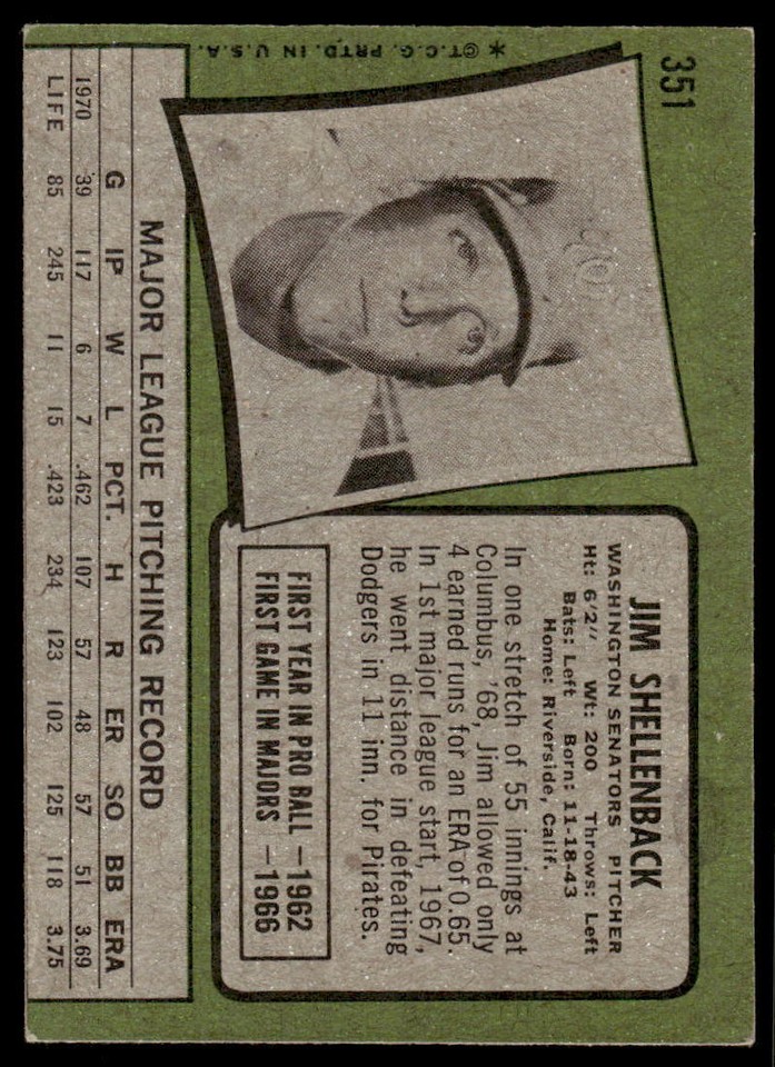 1971 Topps Jim Shellenback #351 Washington Senators Baseball Card | eBay