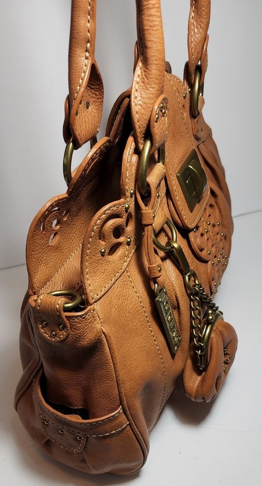 LOCKHEART CUT IT OUT CANDACE BROWN LEATHER LACE STUDDED HANDBAG W/COIN ...