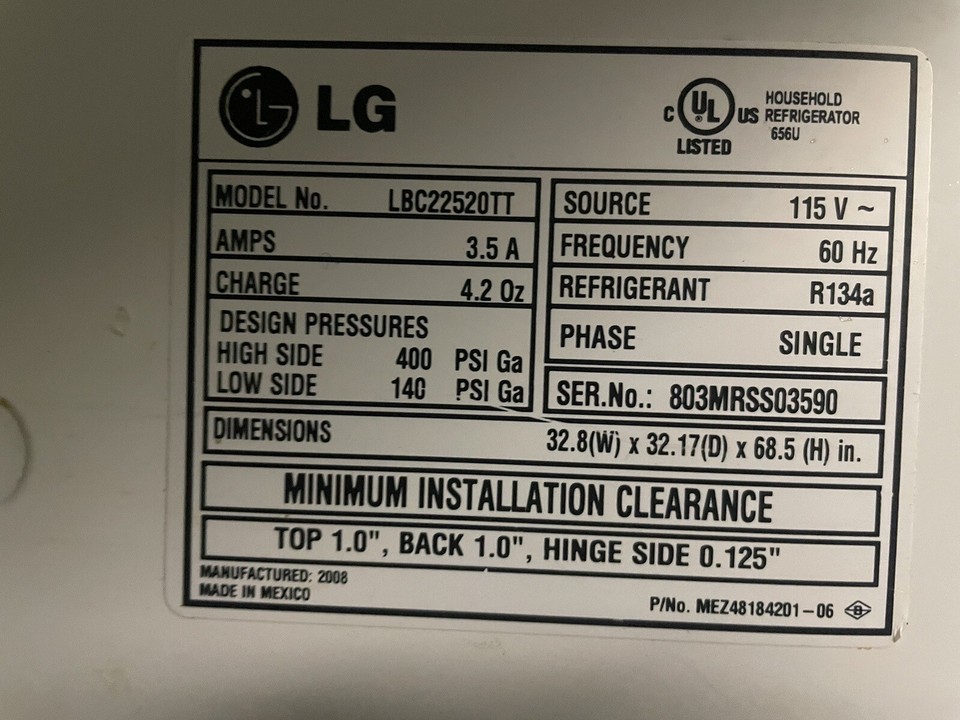 LG Refrigerator. Model # LBC22520TT Dimensions 32.8 (W), 32.17 (D), 68. ...