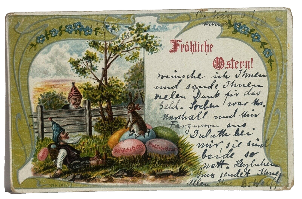 Easter Gnome Elf Postcard Watch Bunny Rabbit Hare Sits on Colored Eggs ...