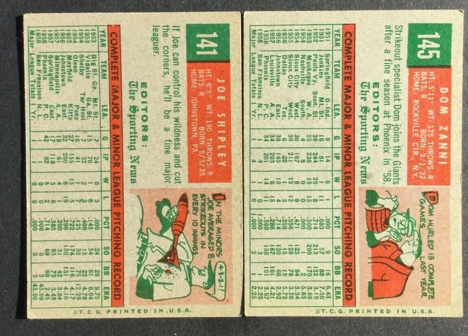 1959 Topps # 140 Joe Shipley San Francisco Giants + 1 Baseball Card | eBay
