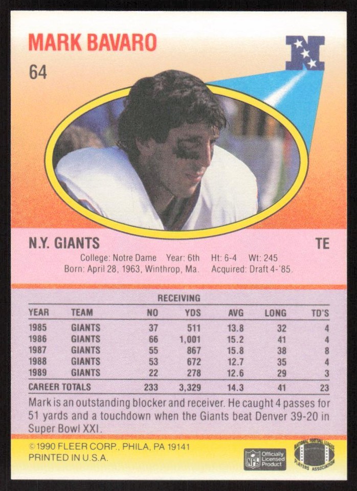 1990 Fleer #64 Mark Bavaro | eBay