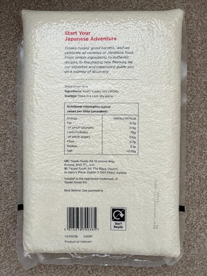 Yutaka Koshi Premium Grade Japanese Short Grain Sushi Rice 10KG ...