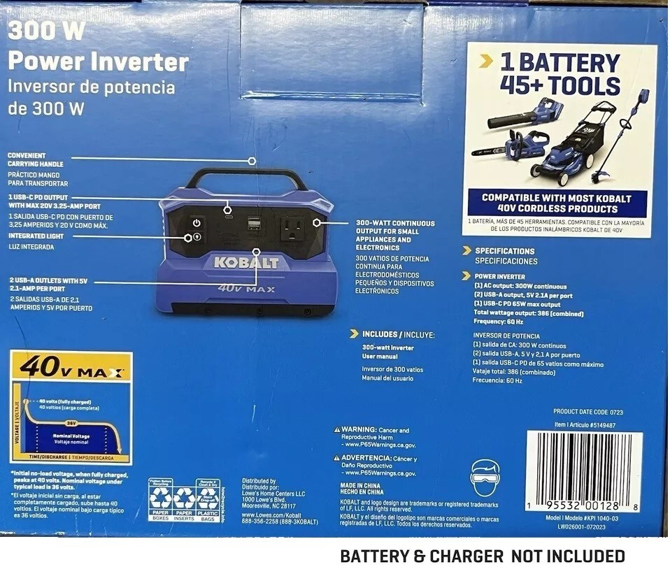 Kobalt 300w Portable Battery Power Inverter 120v 40v Max 5149487 (Tool ...