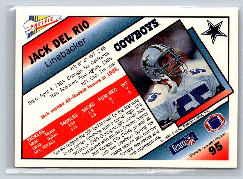 Jack Del Rio 1991 Pacific #95 Dallas Cowboys NFL G3c | eBay