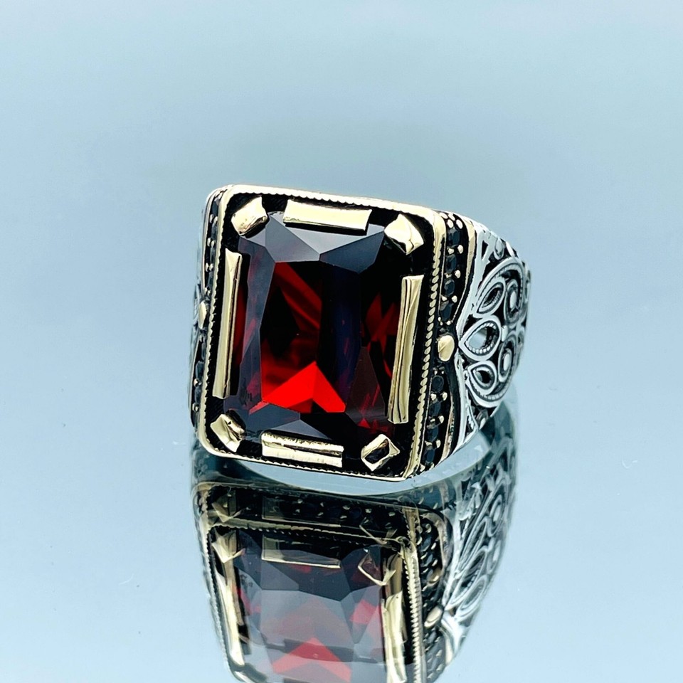 Red Simulated Ruby Stone Ring Mens, 925K Sterling Silver, Men's Jewelry ...