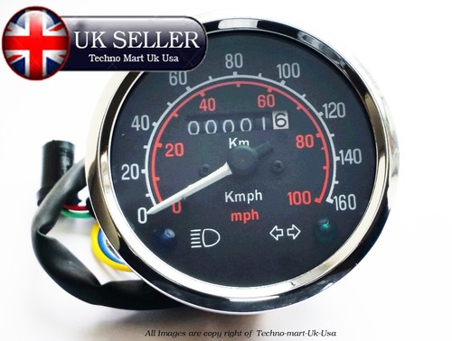 ENFIELD BULLET MOTORBIKE SPEEDOMETER 0-160 Km/h - MILE BLACK DIAL FACE ...