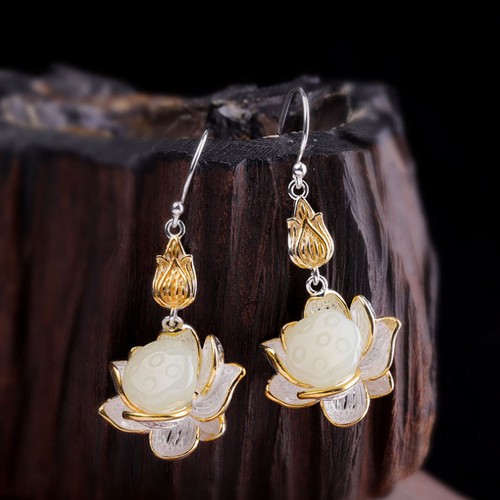 I03 Earring Lotus Flower From White Jade Sterling Silver 925 Gold ...