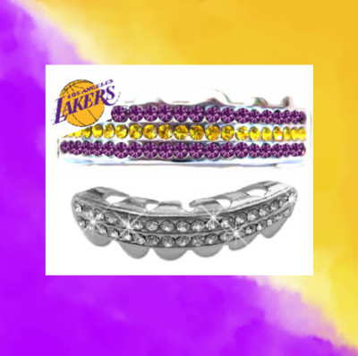 Iced CZ Silver Mouth Teeth Grillz Set Purple Yellow LA Lakers Lebron ...