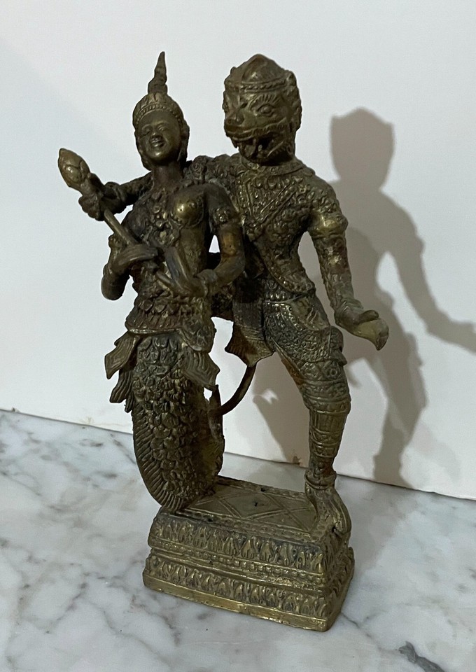 VINTAGE SOLID BRASS THAI BUDDHIST STATUE OF A DEITY HUGGING A FEMALE ...