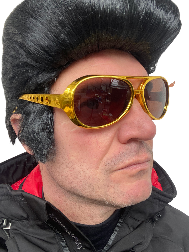 1950s Black Quiff Elvis Wig Rock N Roll Teddy Boy & Gold Glasses ...